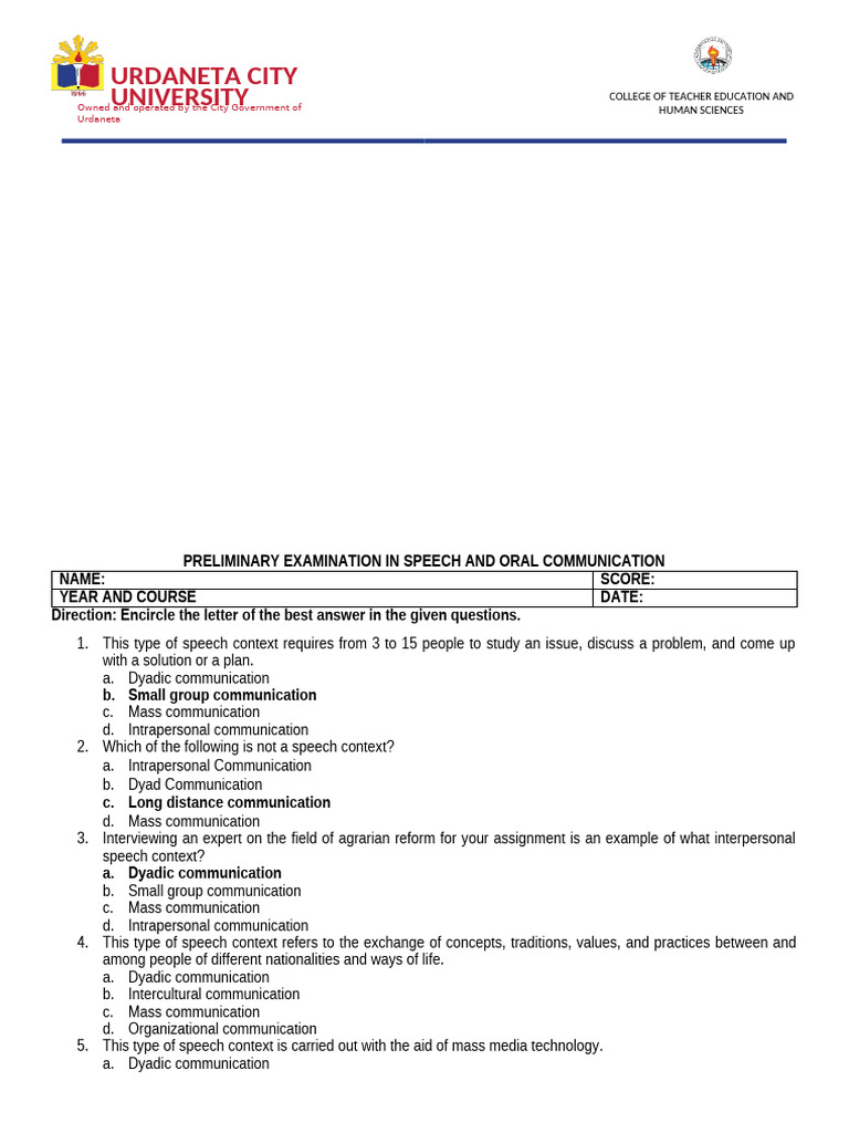 PRELIMINARY EXAMINATION IN SPEECH AND ORAL COMMUNICATION | PDF