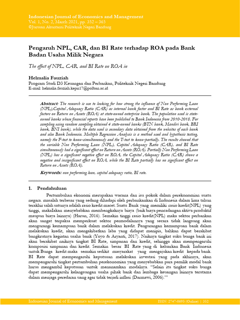 Pengaruh NPL, CAR, Dan BI Rate Terhadap ROA Pada Bank Badan Usaha Milik ...
