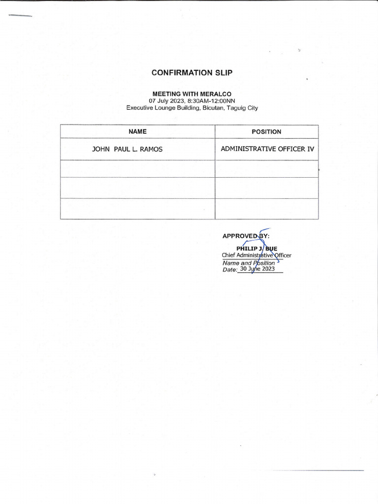 DOSR-SEI Confirmation Slip F2F Meeting With MERALCO | PDF