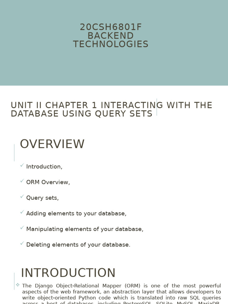 20CSH6801F Backend Technologies Unit II Chapter 1 Interacting With The Database Using Query Sets ...