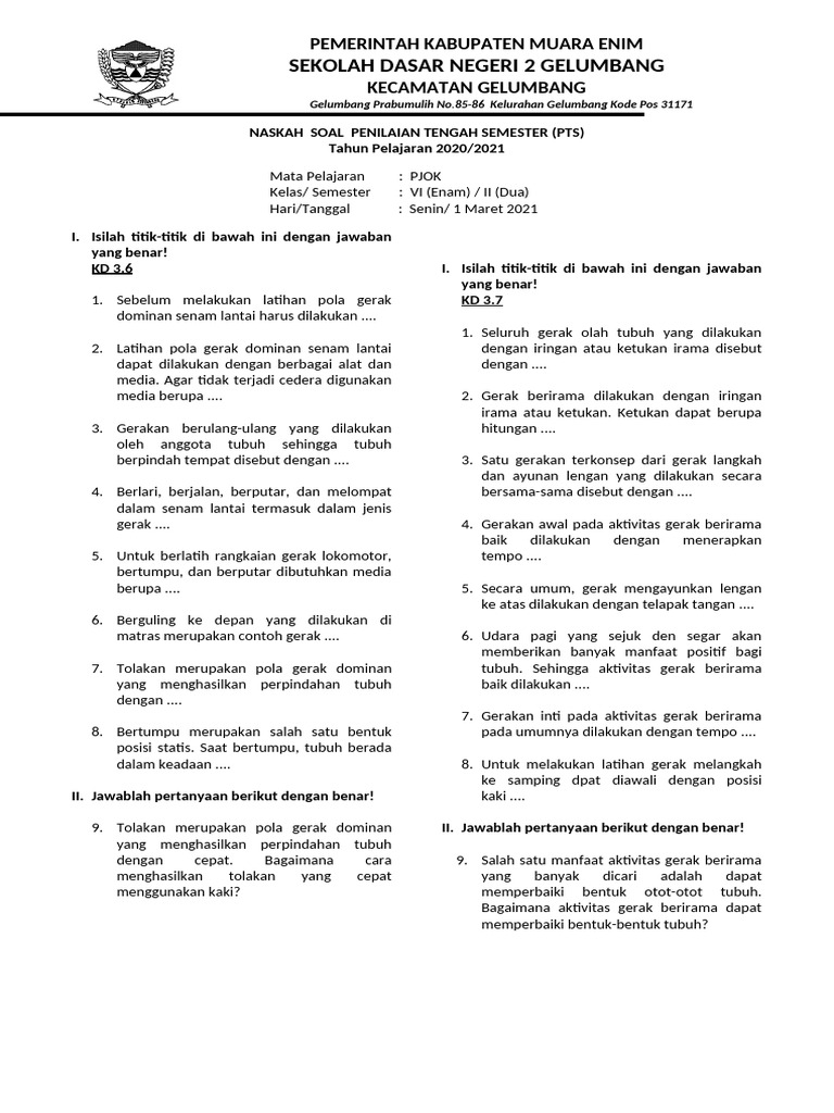 Soal PJOK Kls 6 | PDF