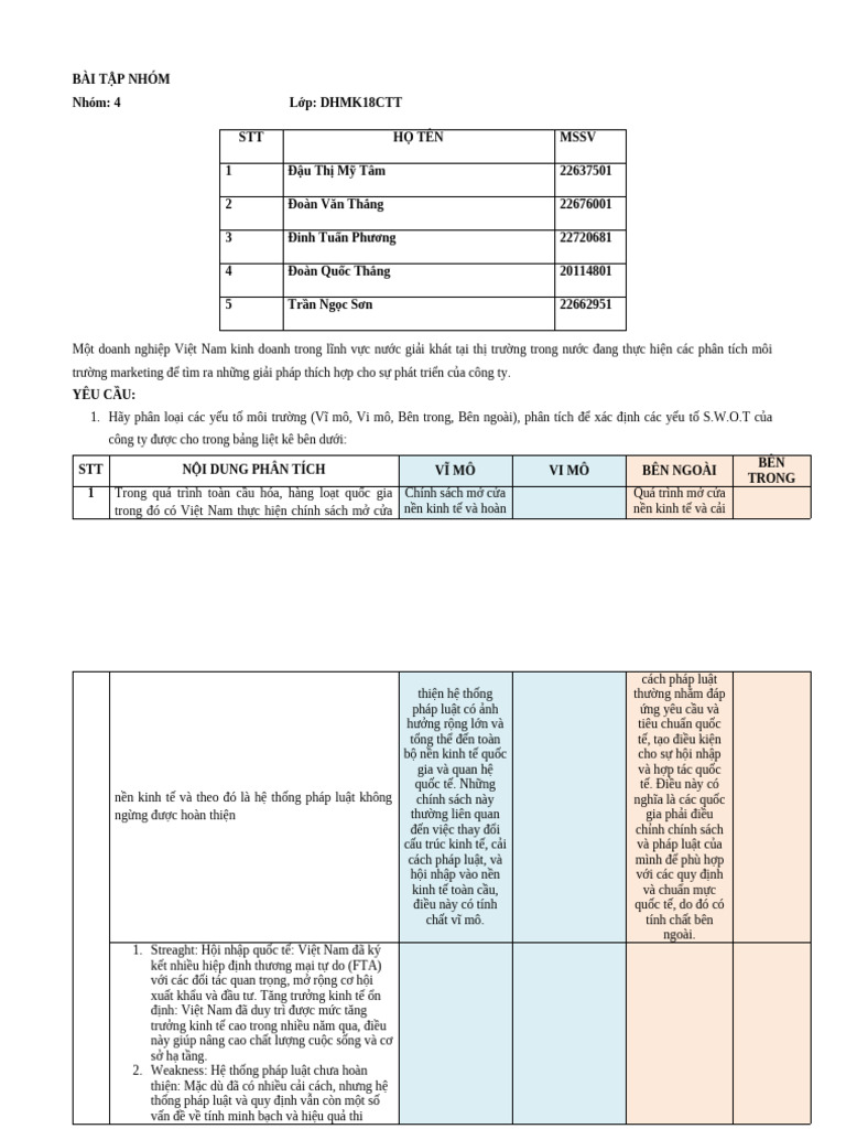 BTN Swot 1 (1) Nhóm 4 | PDF