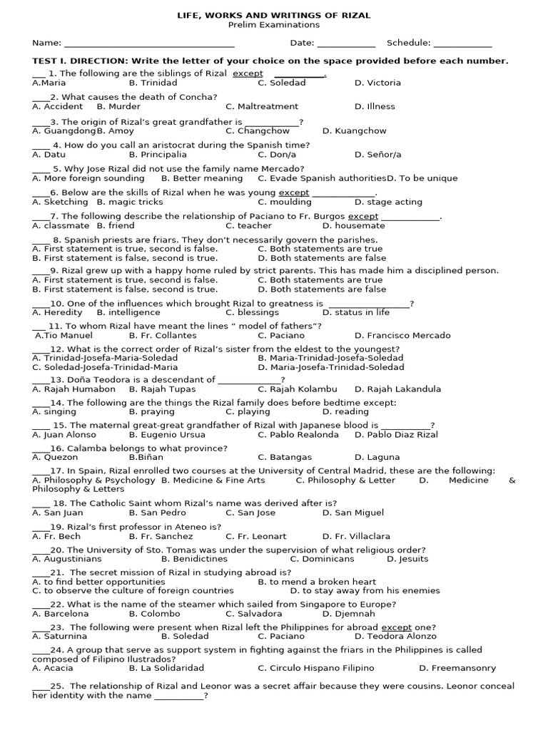 Prelim Exam Rizal 101 Chap 1 6 Exile | PDF