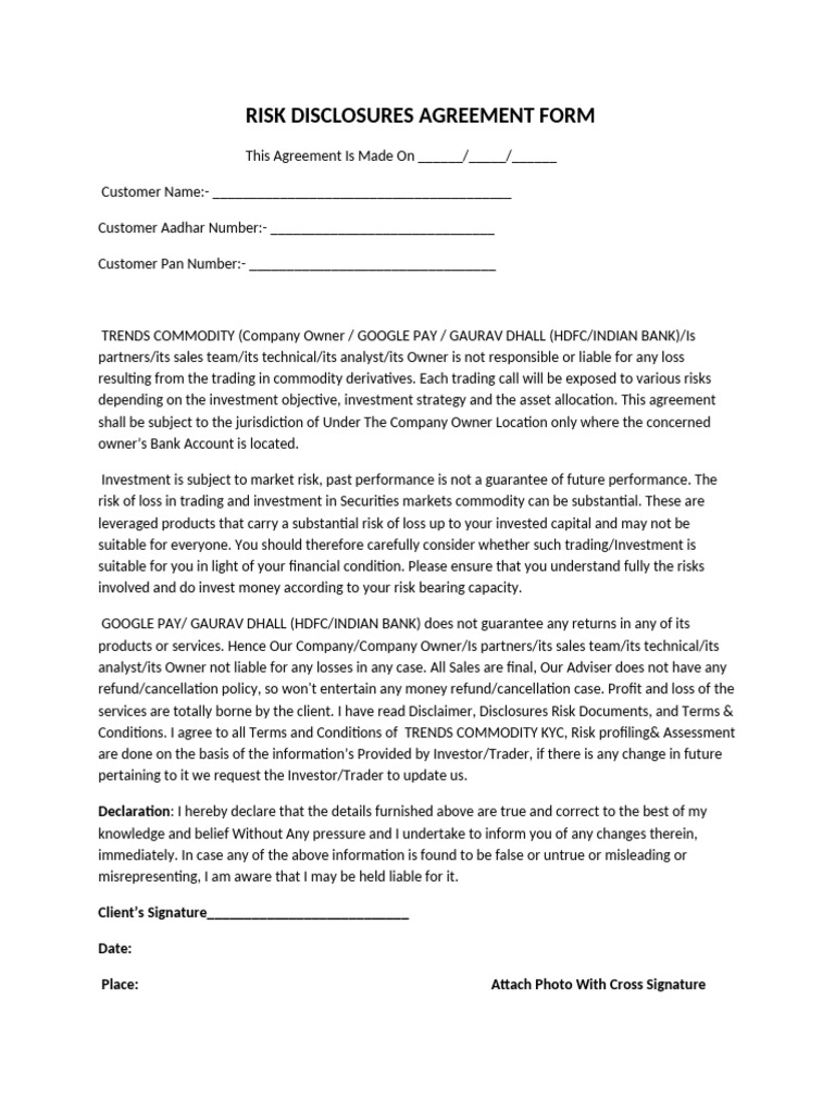 Final Risk Disclosures Agreement Form Gaurav (HDFC & Indian Bank) | PDF ...