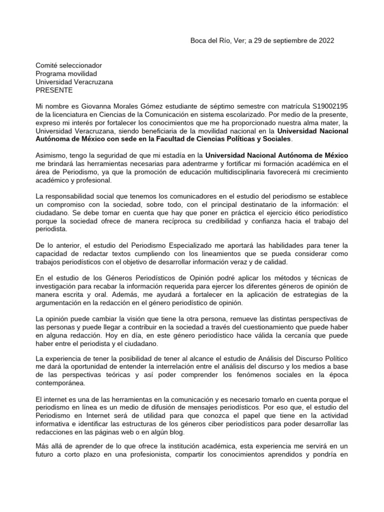 Carta de exposición de motivos - Morales Gómez Giovanna (UNAM) | PDF