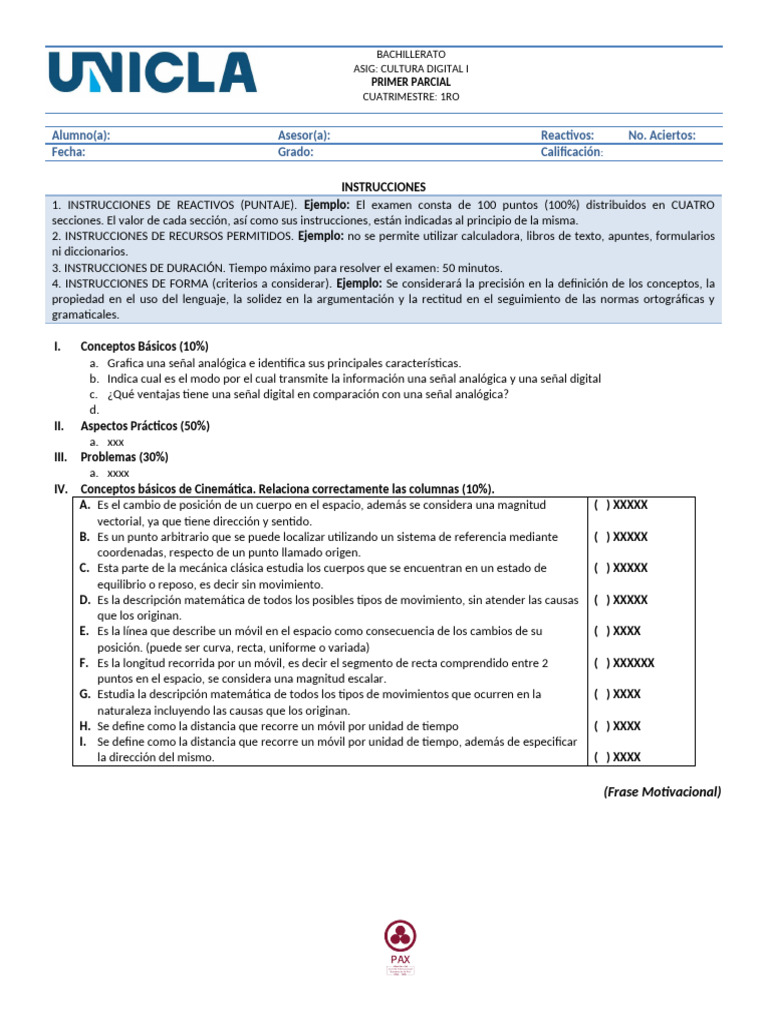 Formato de Examen Unicla Bachillerato | PDF