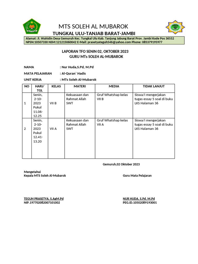 Laporan Tfo Senin | PDF