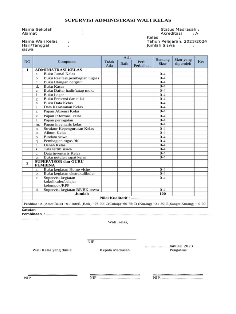 Buku Supervisi Administrasi Wali Kelas | PDF