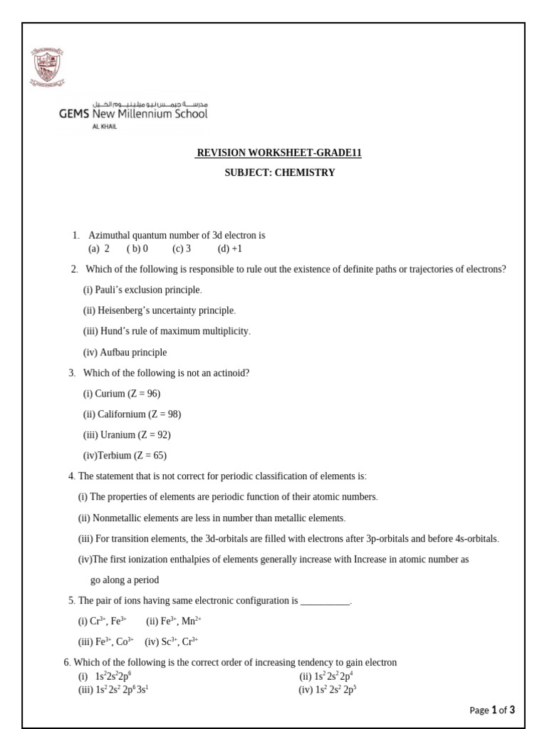 Revision Worksheet-Grade11 | PDF