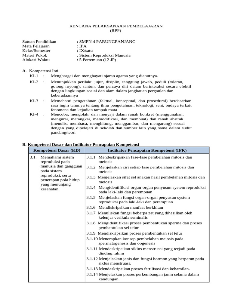 RPP IPA Kelas IX: Sistem Reproduksi | PDF | Sains & Matematika