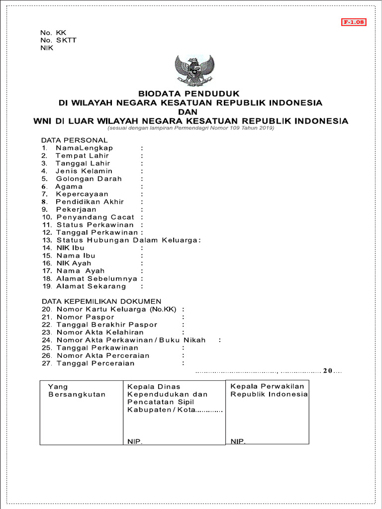 F-1.08 Formulir Biodata Penduduk Di Wilayah NKRI Dan Luar NKRI | PDF