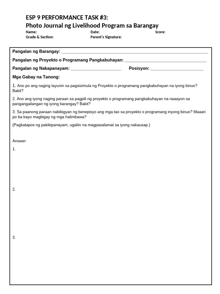 Esp 9 Performance Task 3 Format | PDF