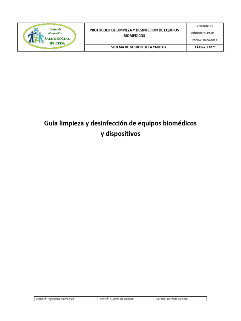 Di-Pt-05 Protocolo de Limpieza y Desinfeccion de Equipos Biomedicos y Dispositivos | PDF