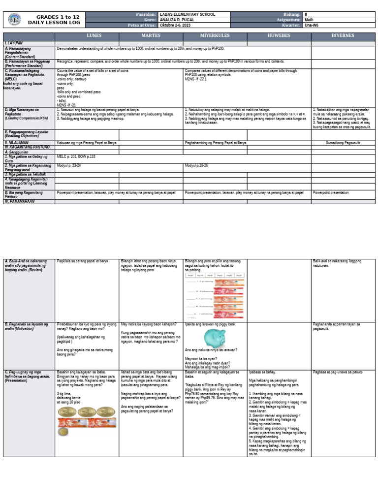 DLL Q1 W6 MATH 2 October 3-6, 2023 | PDF