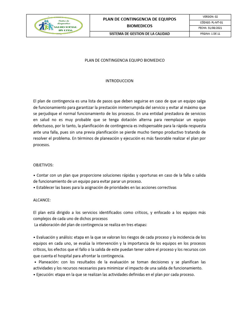 PL-MT-01 PLAN DE CONTINGENCIA EQUIPO BIOMEDICO | PDF