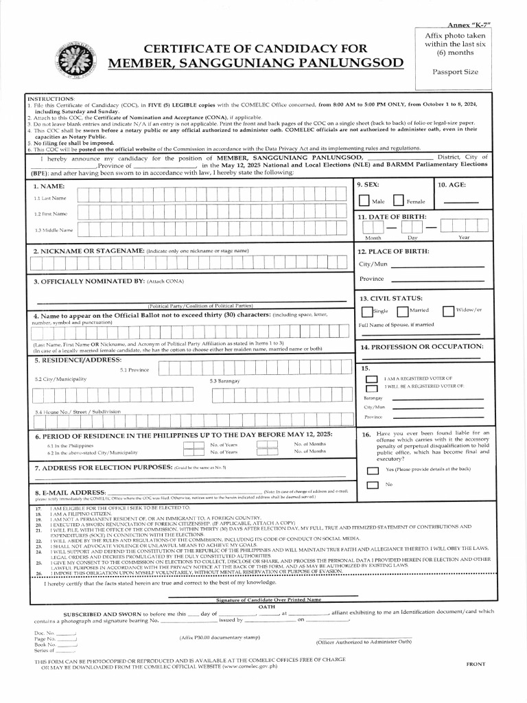 com_res_11045_AnnexK7 COC member Sangguniang Panlungsod | PDF