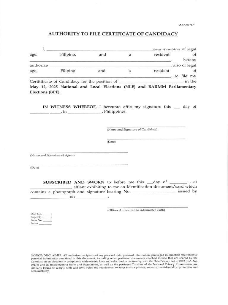Com - Res - 11045 - AnnexL Authority To File COC | PDF | Privacy ...