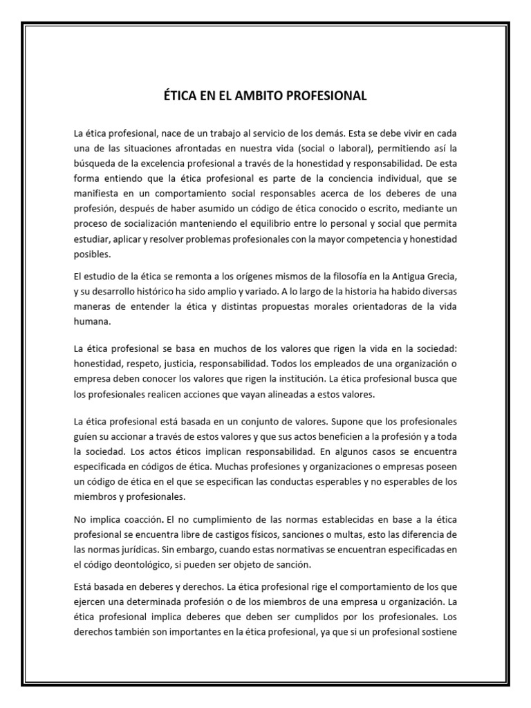 RESUMEN DE ÉTICA EN EL ÁMBITO PROFESIONAL | PDF