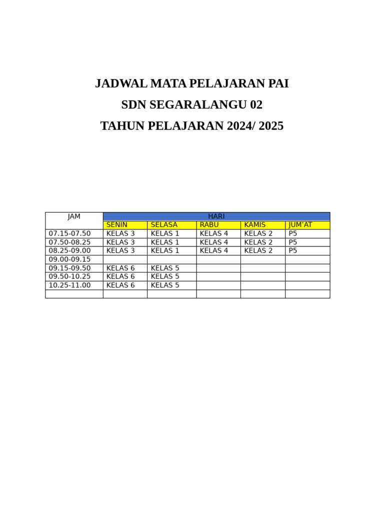 Jadwal Mata Pelajaran Pai | PDF