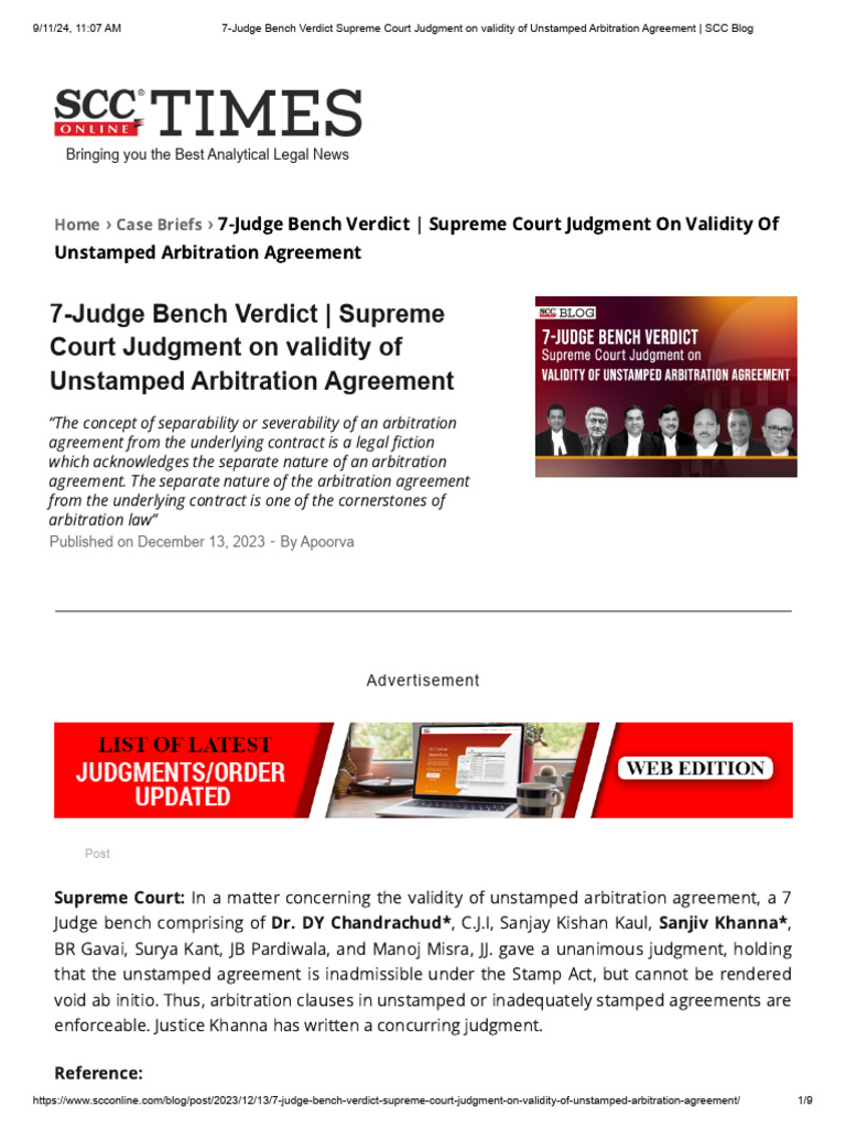 7-Judge Bench Verdict Supreme Court Judgment On Validity of Unstamped Arbitration Agreement ...