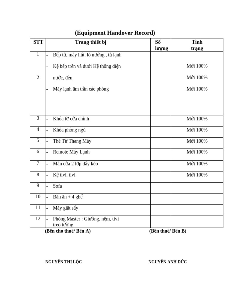Equipment Handover Record | PDF