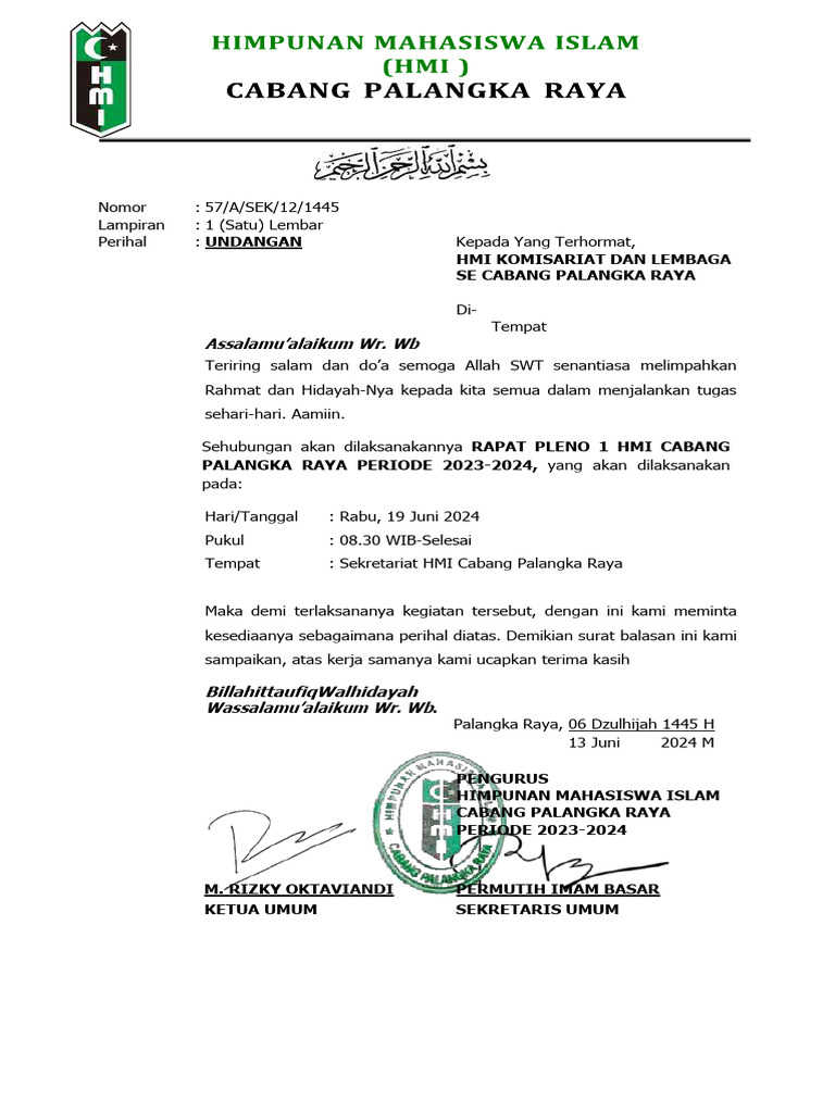 57 Undangan Rapat Pleno 1 Hmi Cabang Palangka Raya 2023-2024 | PDF