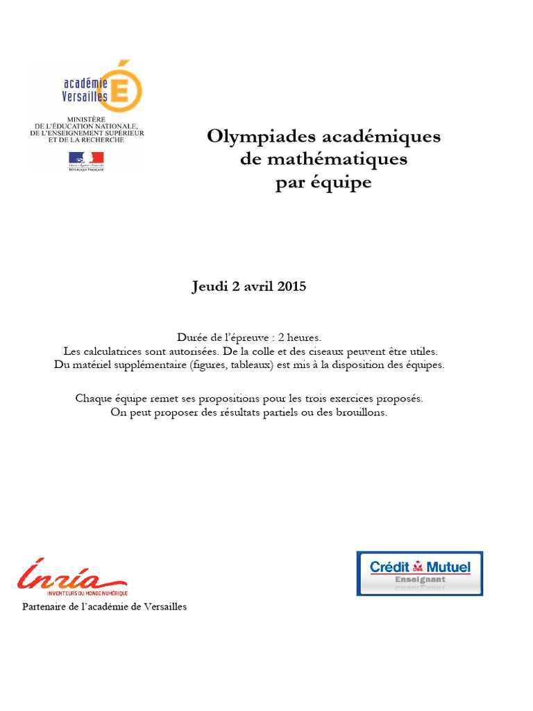 Sujet Academique Olympiades Maths Troisieme 2015 | PDF