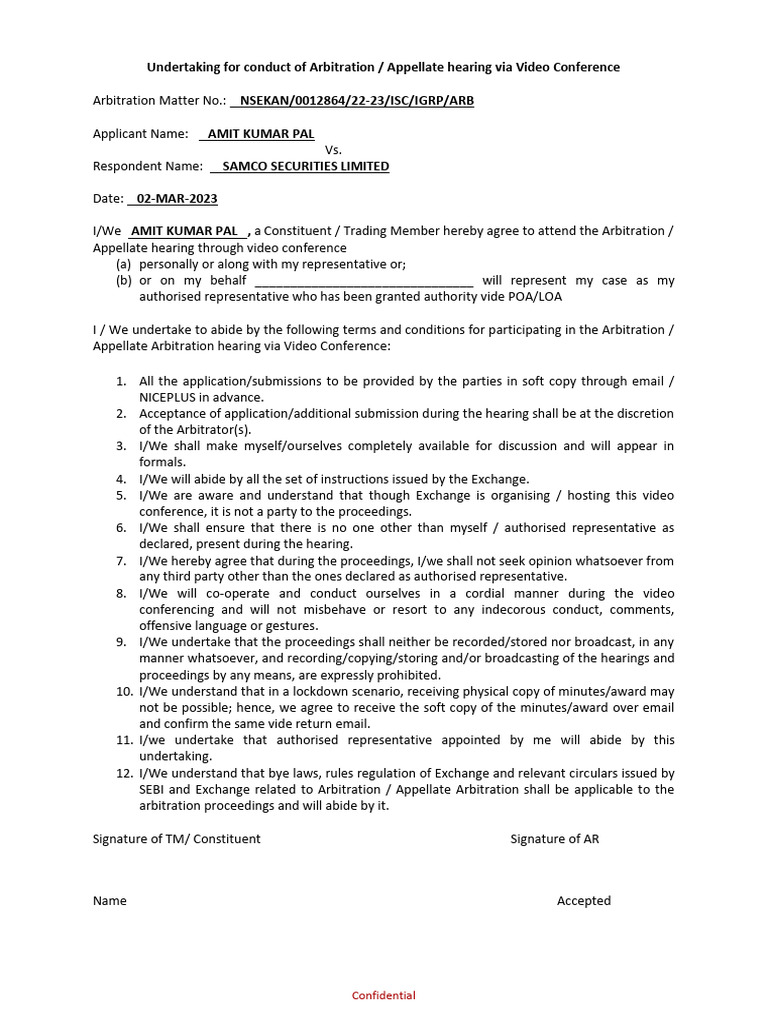 Annexure 1 - Undertaking For Conduct of Arbitration - Clean 1 | PDF | Justice | Crime & Violence