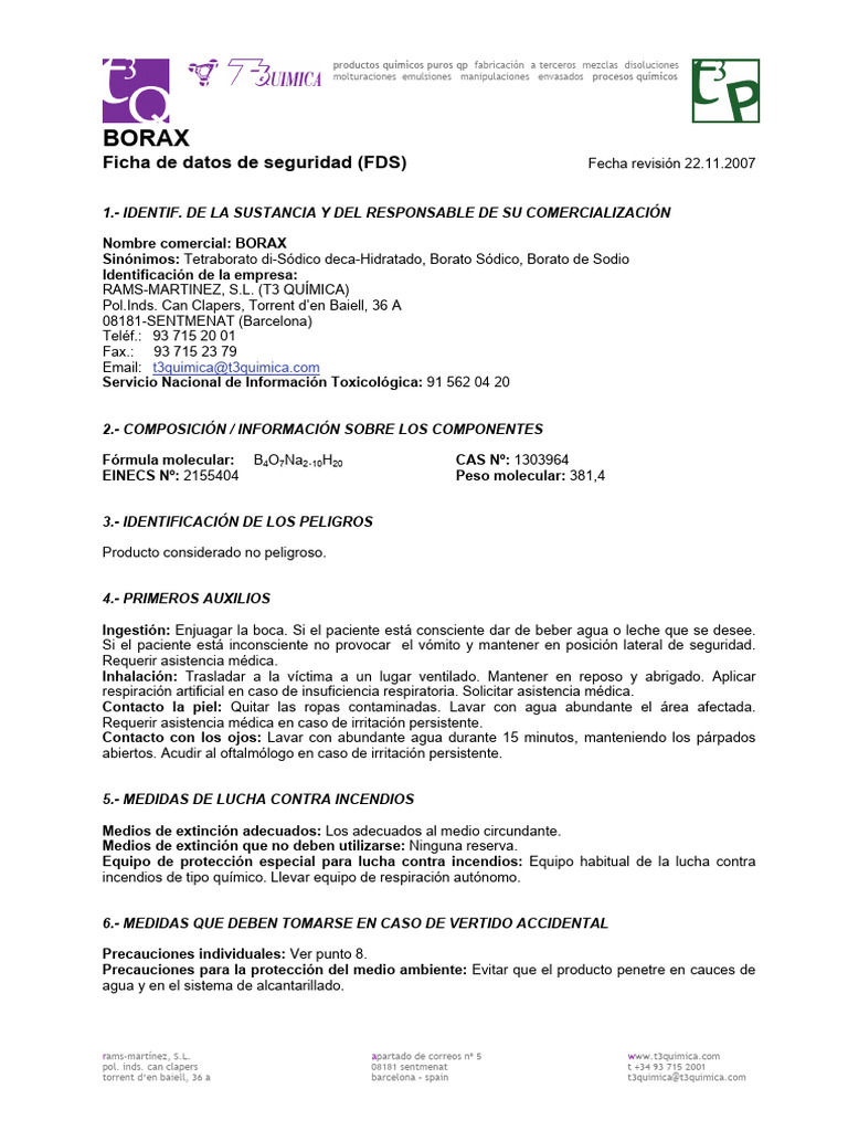 BORAX - HOJA DE SEGURIDAD | PDF