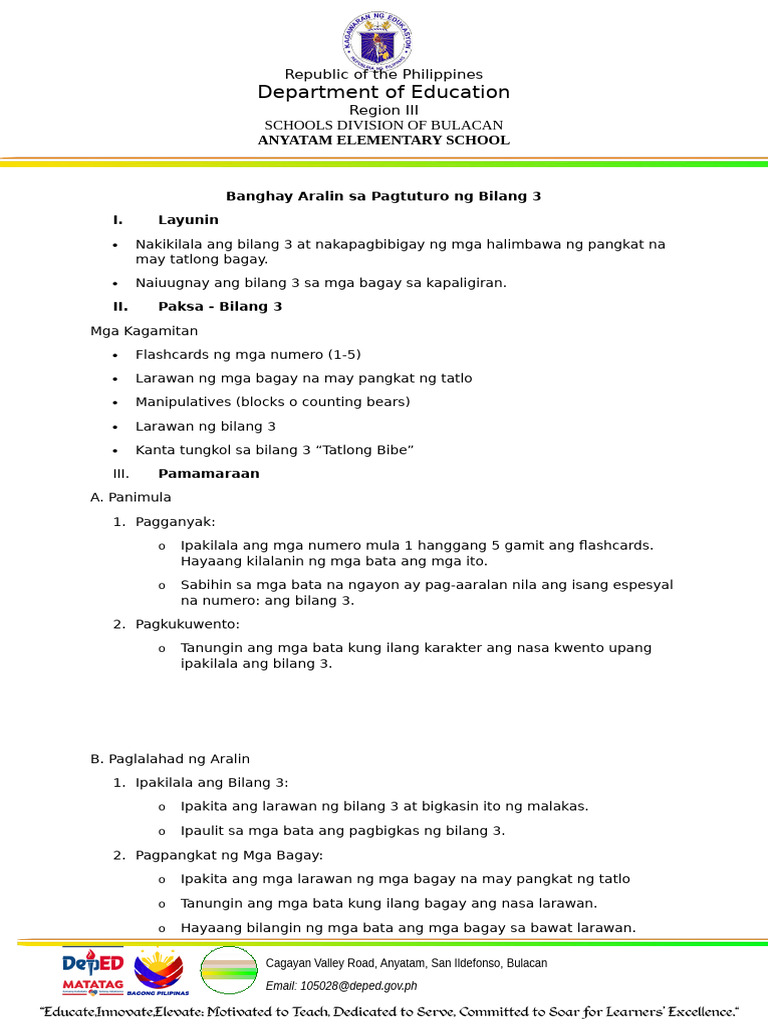 Banghay Aralin Sa Pagtuturo NG Bilang 3 | PDF