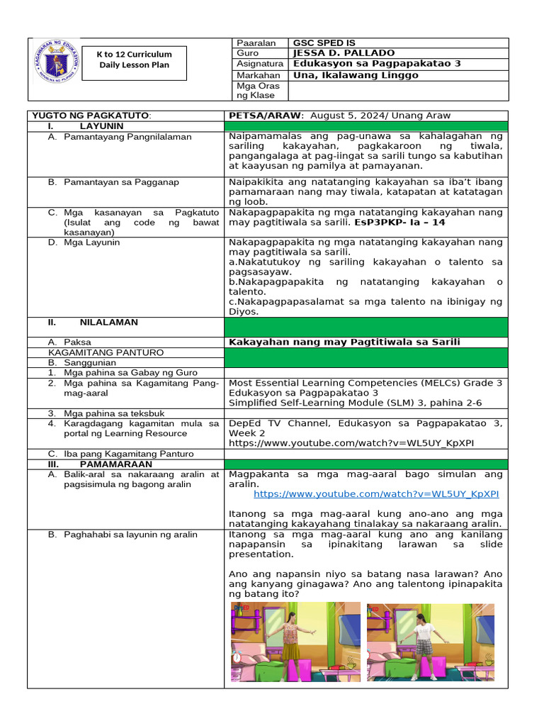 PAMONAG CELERINA ESP3 EsP3PKP Ia 14 Q1 - WEEK 2 - Day 1 | PDF