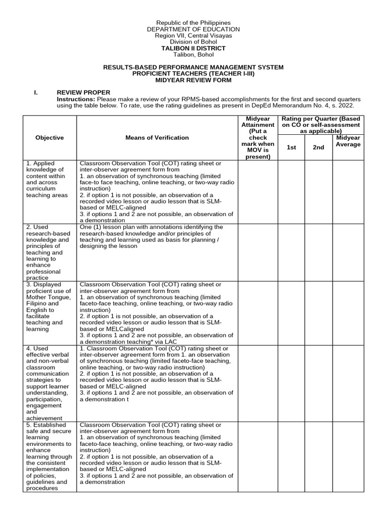 Midyear Review Form Talibon Ii District | PDF | Learning | Teachers Midyear Review Form Talibon Ii District | PDF | Learning | Teachers