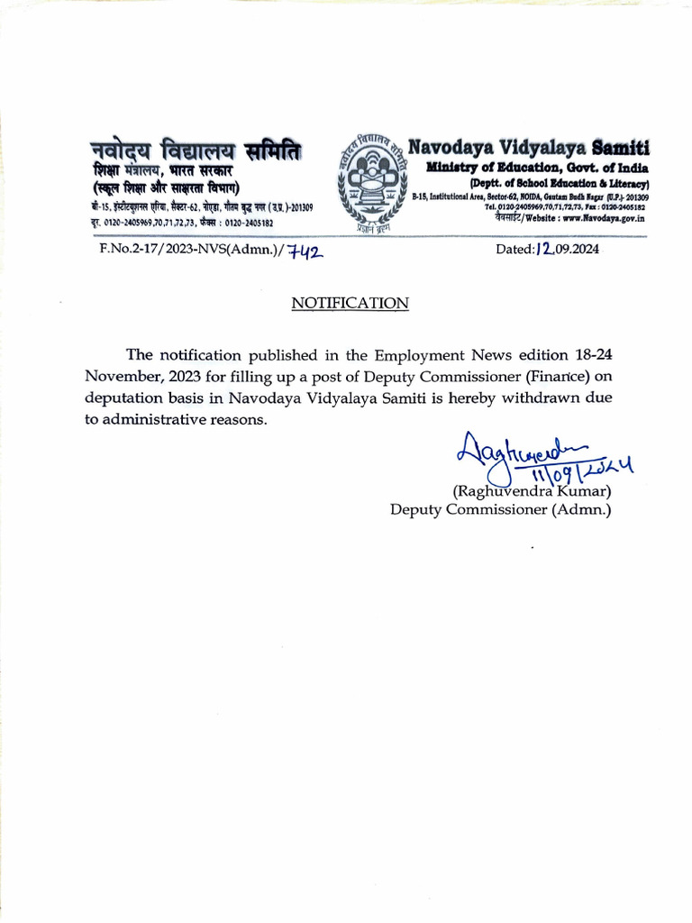 Notification For DC (Fin) On Deputation Basis in NVS | PDF