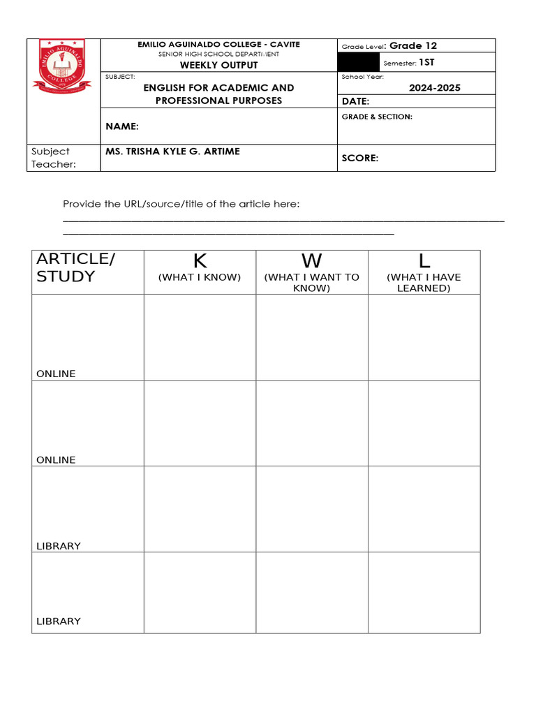 TEMPLATE - Performance Task 1 - KWL Chart and Rubrics | PDF