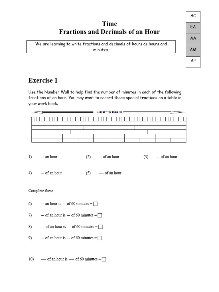 Fractions and Decimals of Hours Worksheet | PDF | Numbers ...
