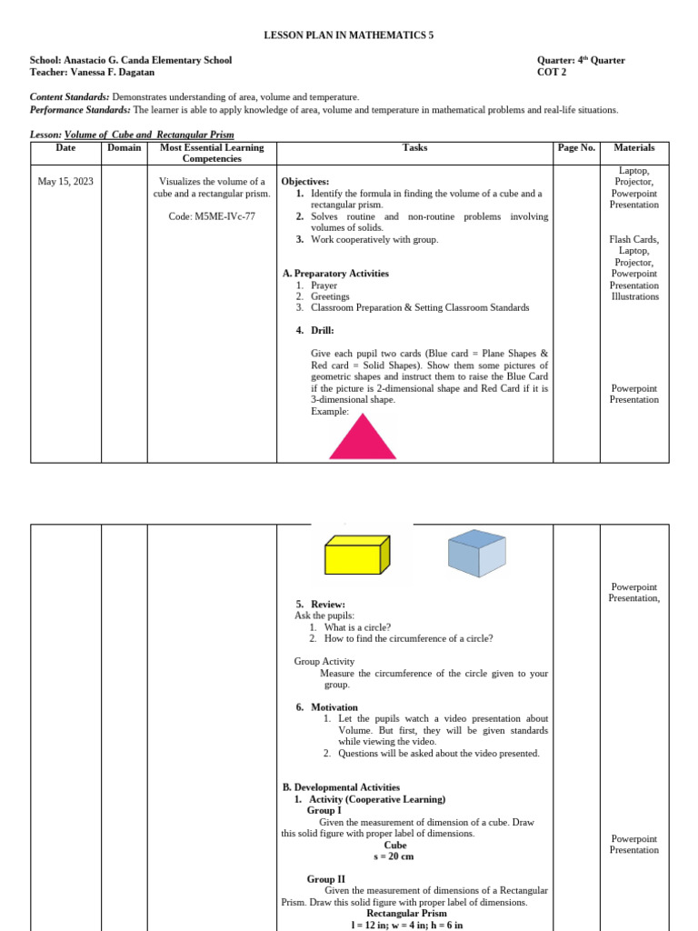 Lesson Plan in Mathematics 5 - Observation May 15, 2023 Cot 2 | PDF ...