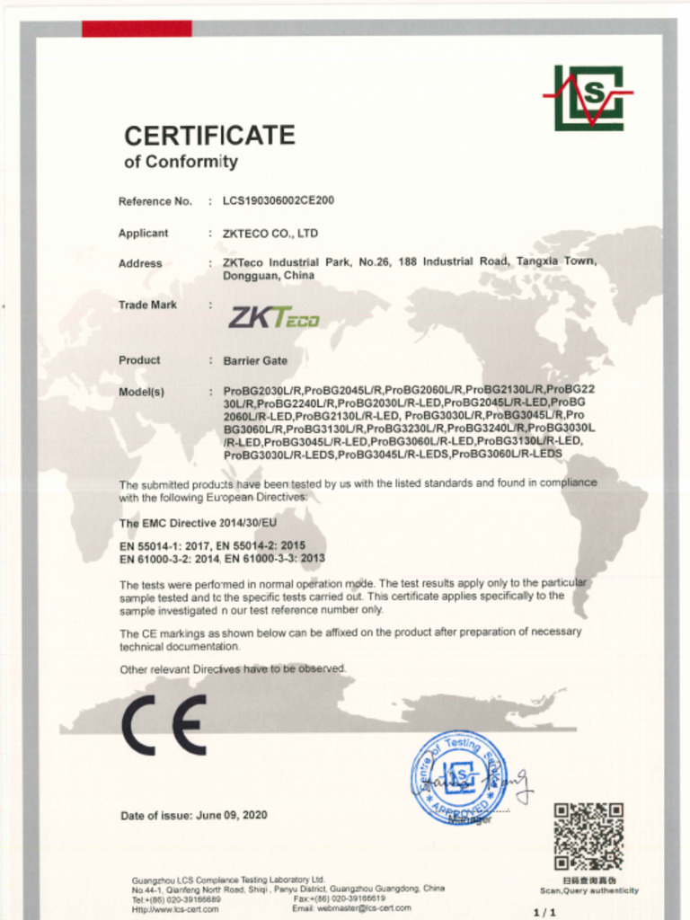 ProBG Series Barrier Gate CE EMC Certificate | PDF