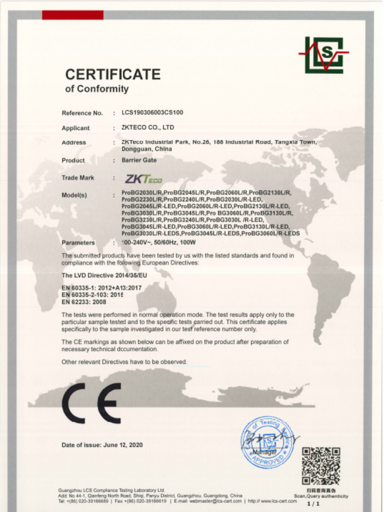 ProBG Series Barrier Gate CE LVD Certificate | PDF