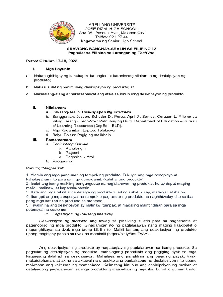 Aralin19 Deskripsyon NG Produkto | PDF