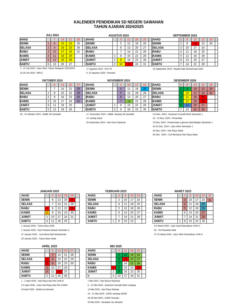 Kalender Pendidikan SD Sawahan 2024/2025 | PDF
