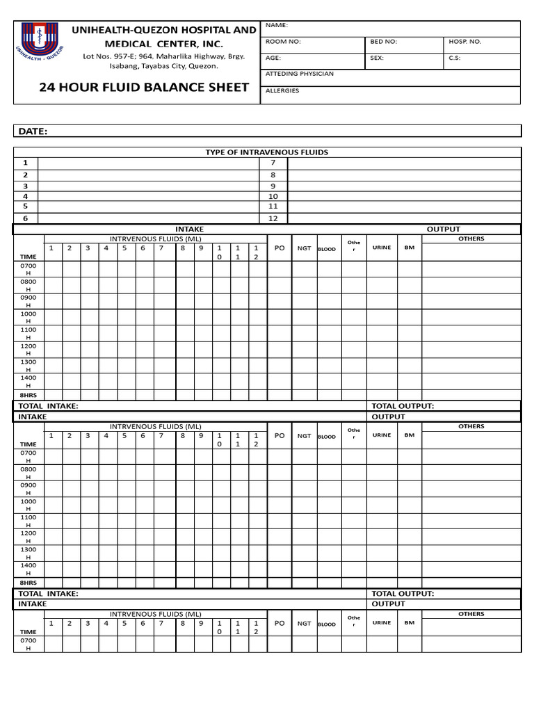 24 HOUR FLUID BALANCE SHEET Soft | PDF | Clinical Medicine | Medical ...