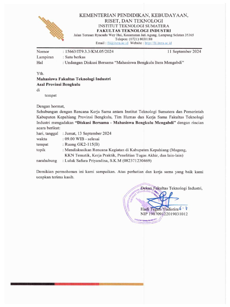 Undangan Diskusi Bersama - Mahasiswa Bengkulu Itera Mengabdi | PDF