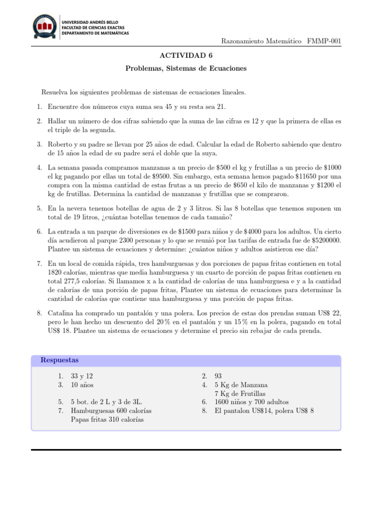 Actividad N°6 - Problemas Sist. Ecuaciones | PDF | Ecuaciones