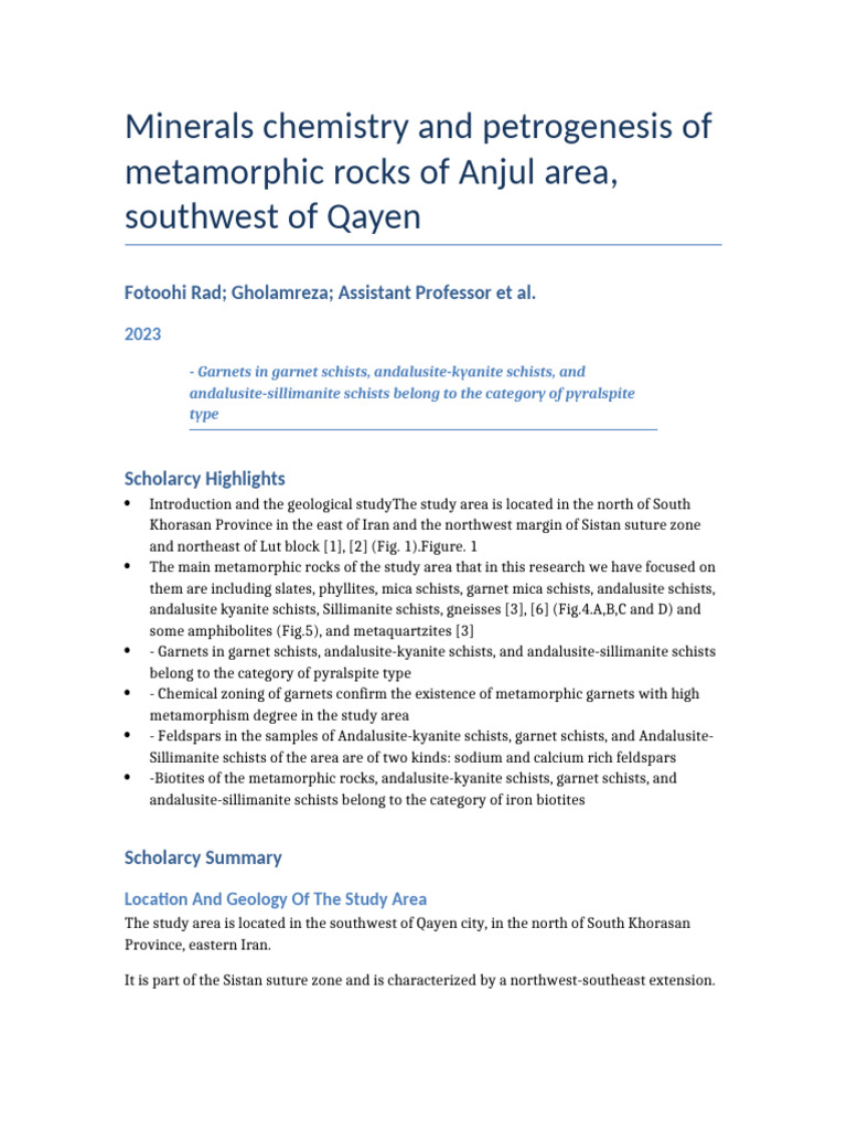 Minerals Chemistry and Petrogenesis of Metamorphic Rocks of Anjul Area ...