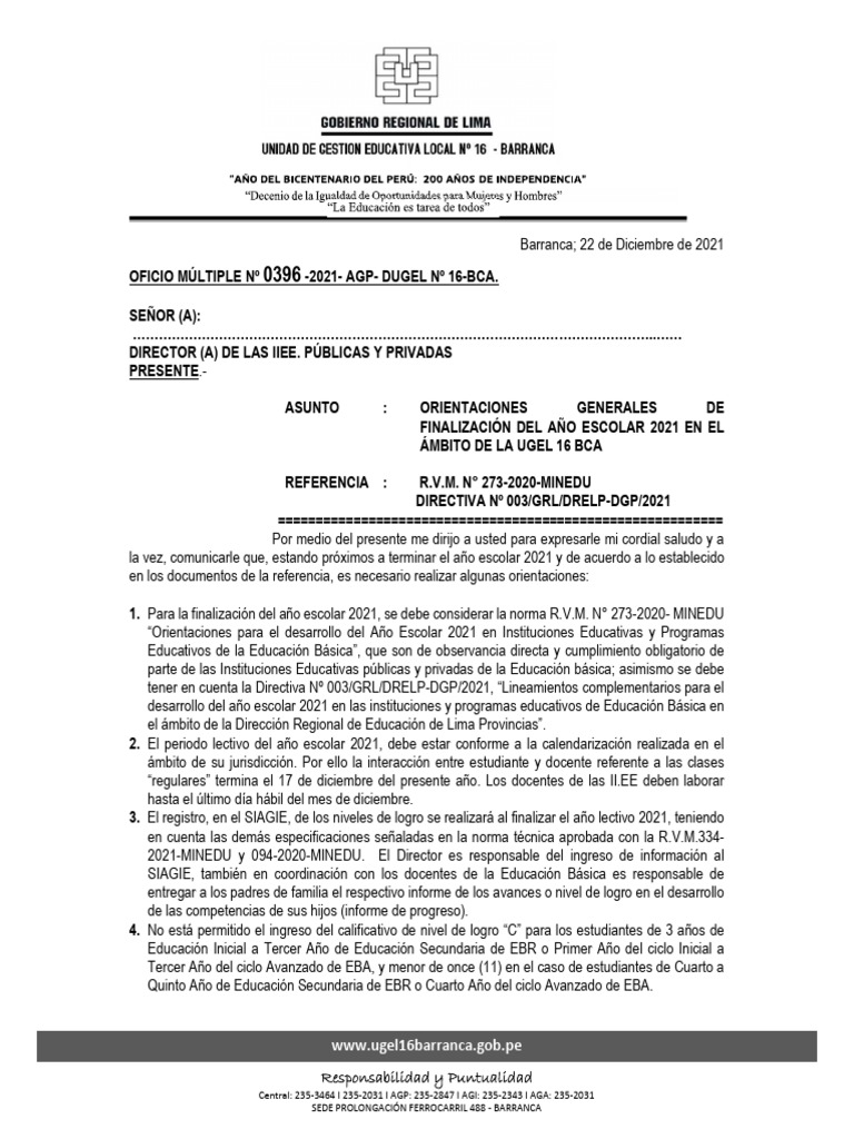 Oficio Multiple #396-2021 Orientaciones Generales Finalizacion Año Escolar 2021 | PDF