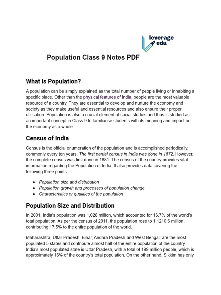 Population Class 9 Notes PDF | PDF