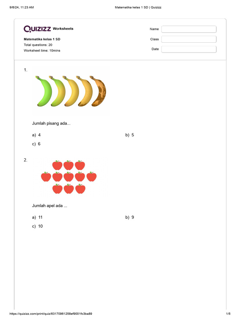 Matematika kelas 1 SD _ Quizizz | PDF