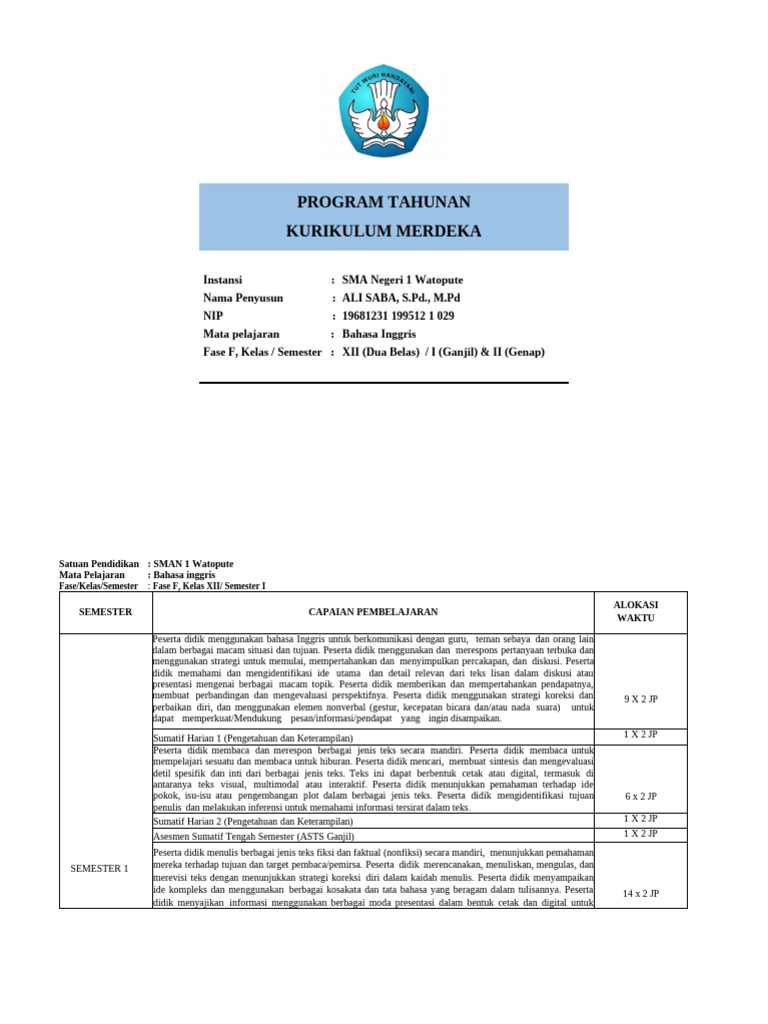 Prosem 2024-2025 B. Inggris | PDF