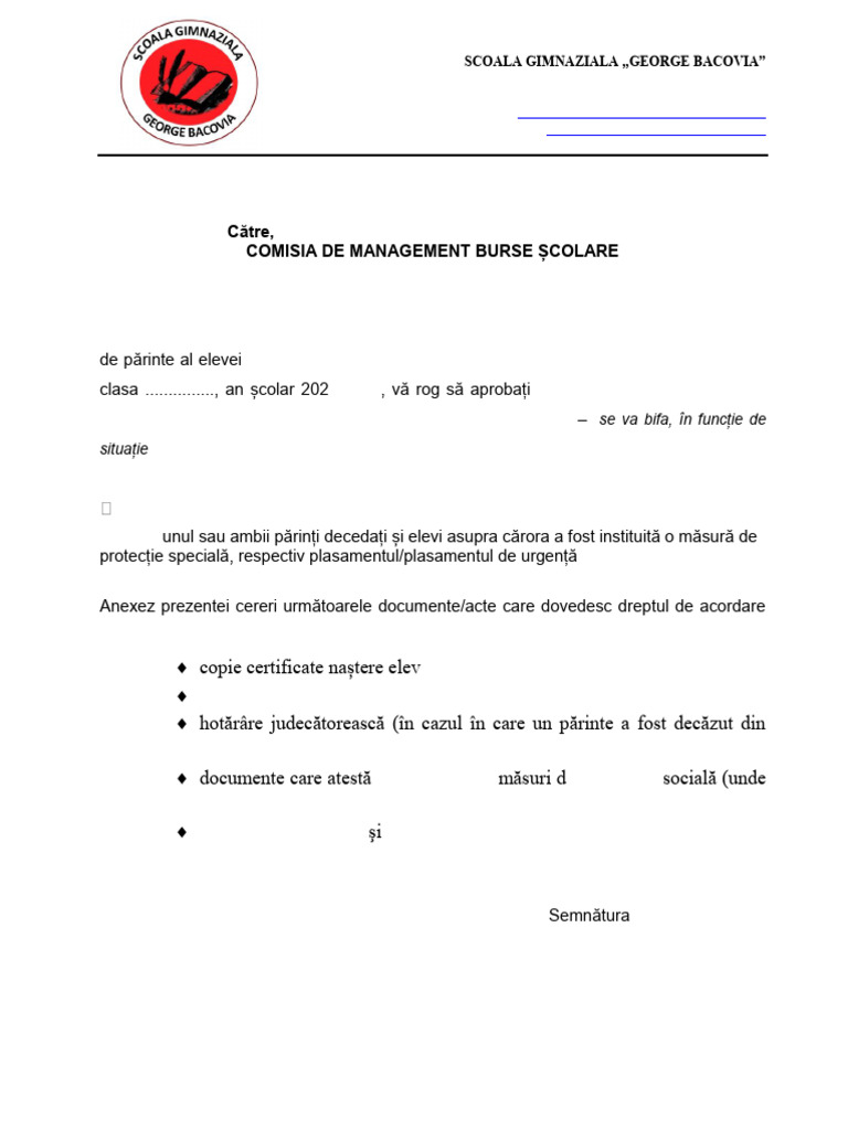 Cerere Bursa Sociala Orfani An SC 24-25 | PDF