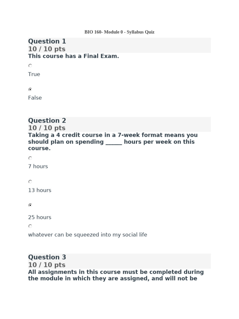 BIO 160- Module 0 - Syllabus Quiz | PDF